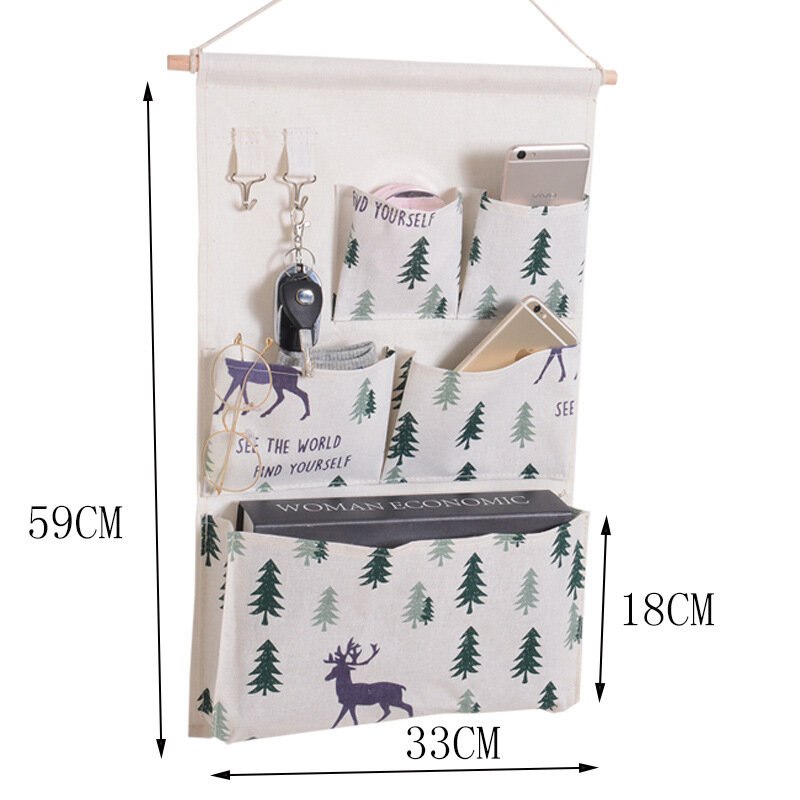 Фабричная ткань с пятью карманами, подвесная сумка с двойным крючком, хлопок и лен, подвесная сумка для хранения в