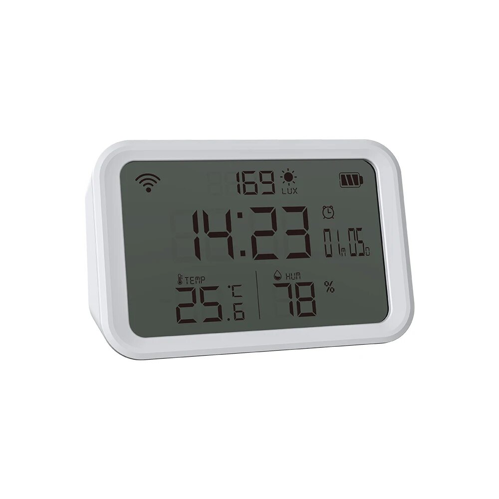 Умный Wi-Fi Датчик Tuya 4-в-1: Температура, Влажность, Интенсивность Света, Дисплей, Будильник
