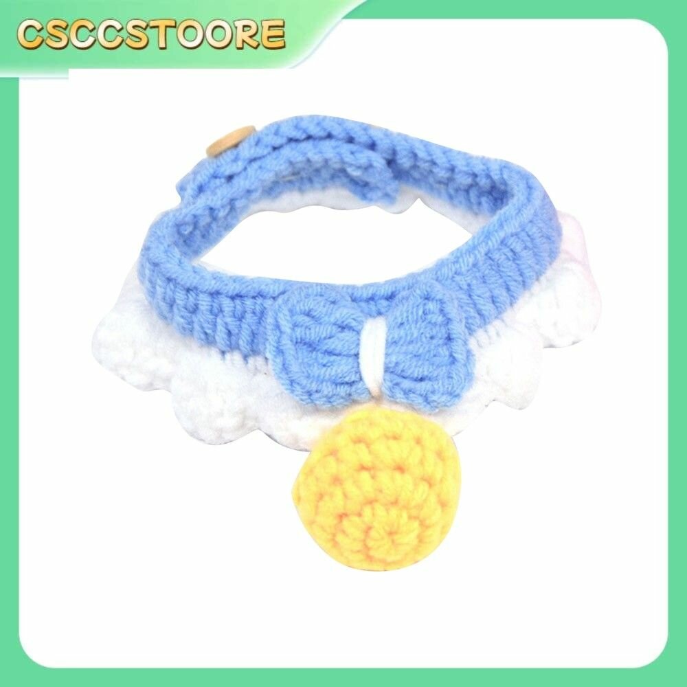 Вязаный кошачий ошейник, с галстуком-бабочкой и колокольчиком, синий, размер M, 25-30 см.