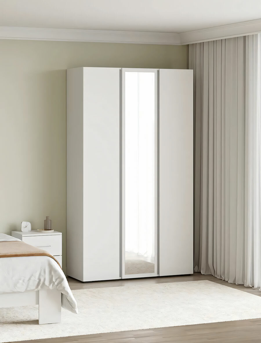 Распашной шкаф для одежды и хранения вещей Ирэн с зеркалом, со штангой, с полками, 120х46х210 см, Белый