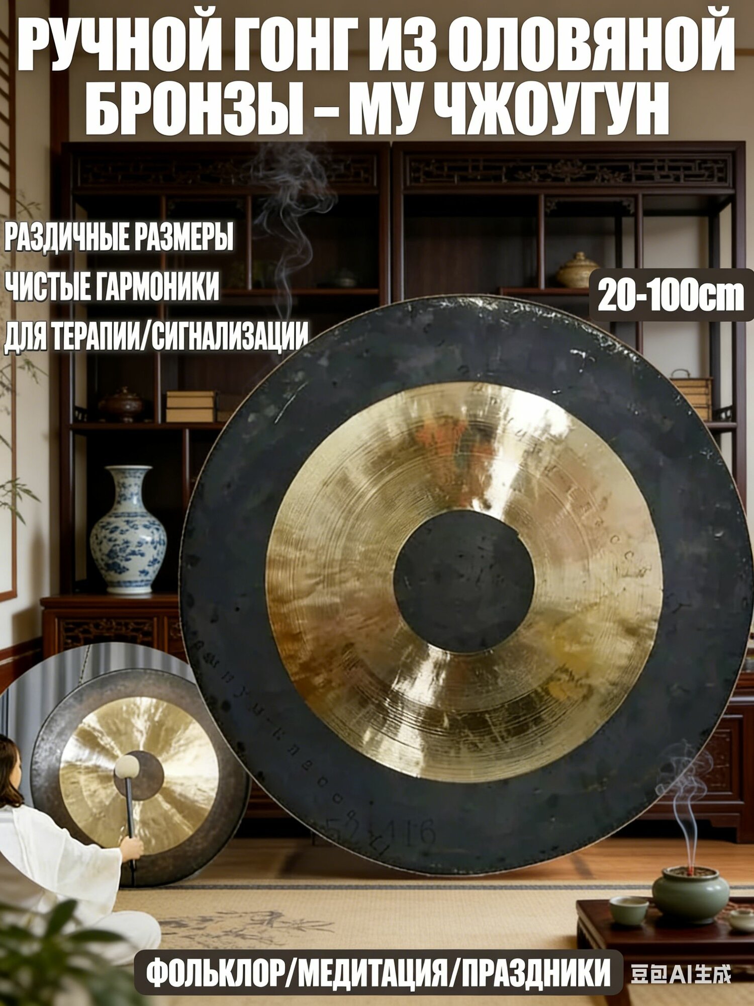 Здесь есть гонг, деревянная рама и традиционный китайский барабанщик по фэн-шуй. Диаметр,30cm