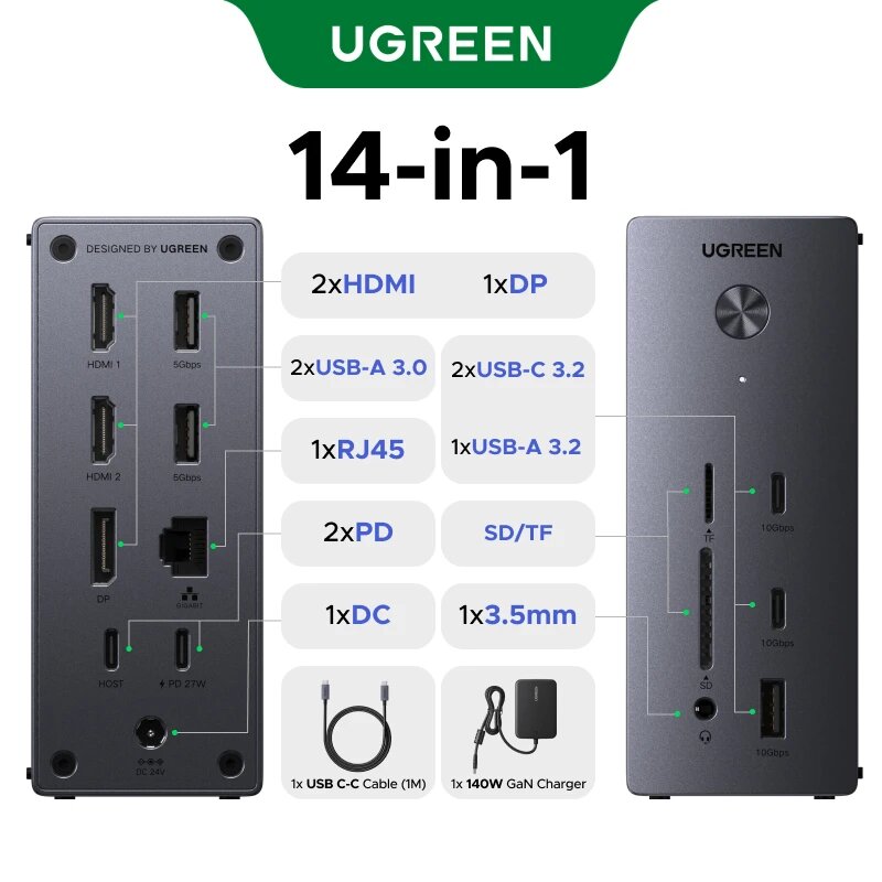 UGREEN Док-станция 14-в-1 USB-хаб 2HDMI 1DP
