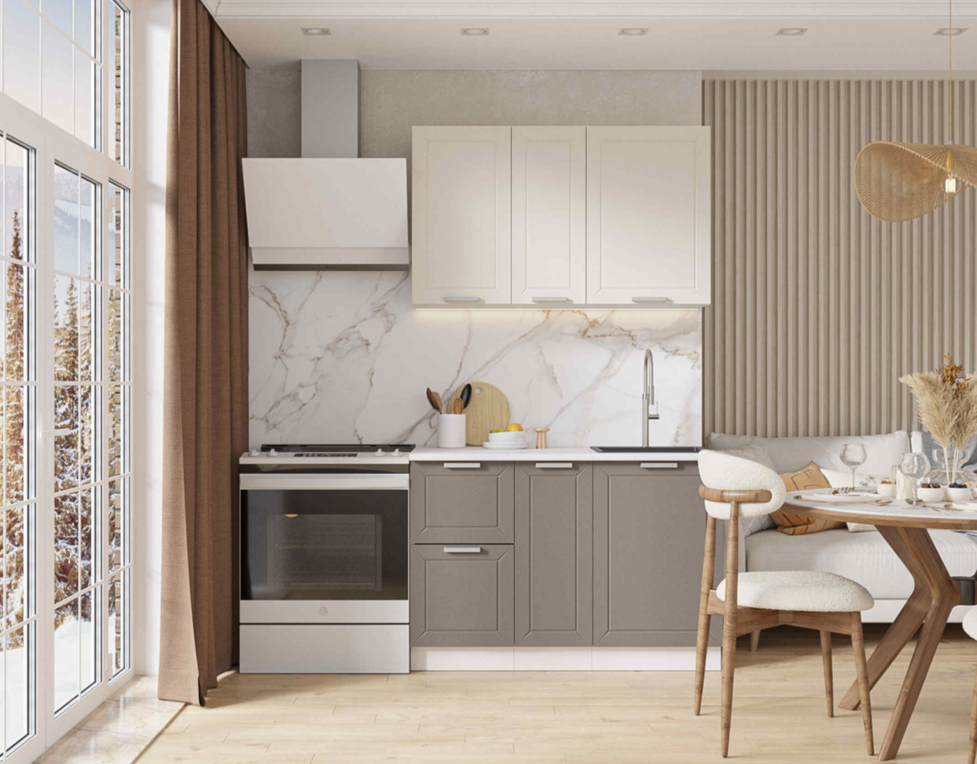 Кухня Альфа 1,2 м комби верх белый, низ вулкан (корпус белый, столешница мрамор лацио)