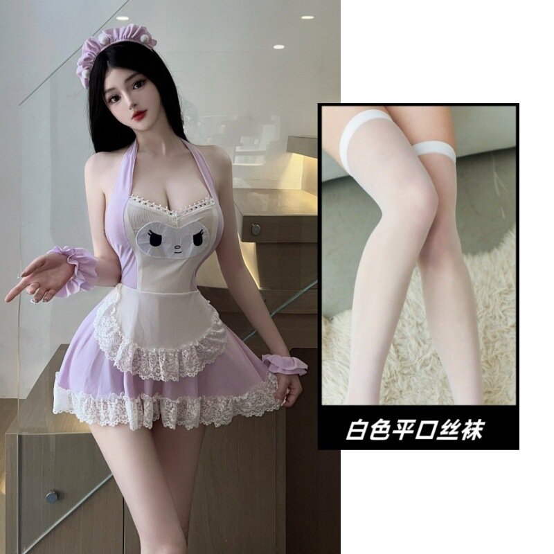 Сексуальное прозрачное милое платье-сарафан для ролевых игр в стиле горничной/горничной с подтяжками, улыбающимся лицом и белыми плоскими чулками.