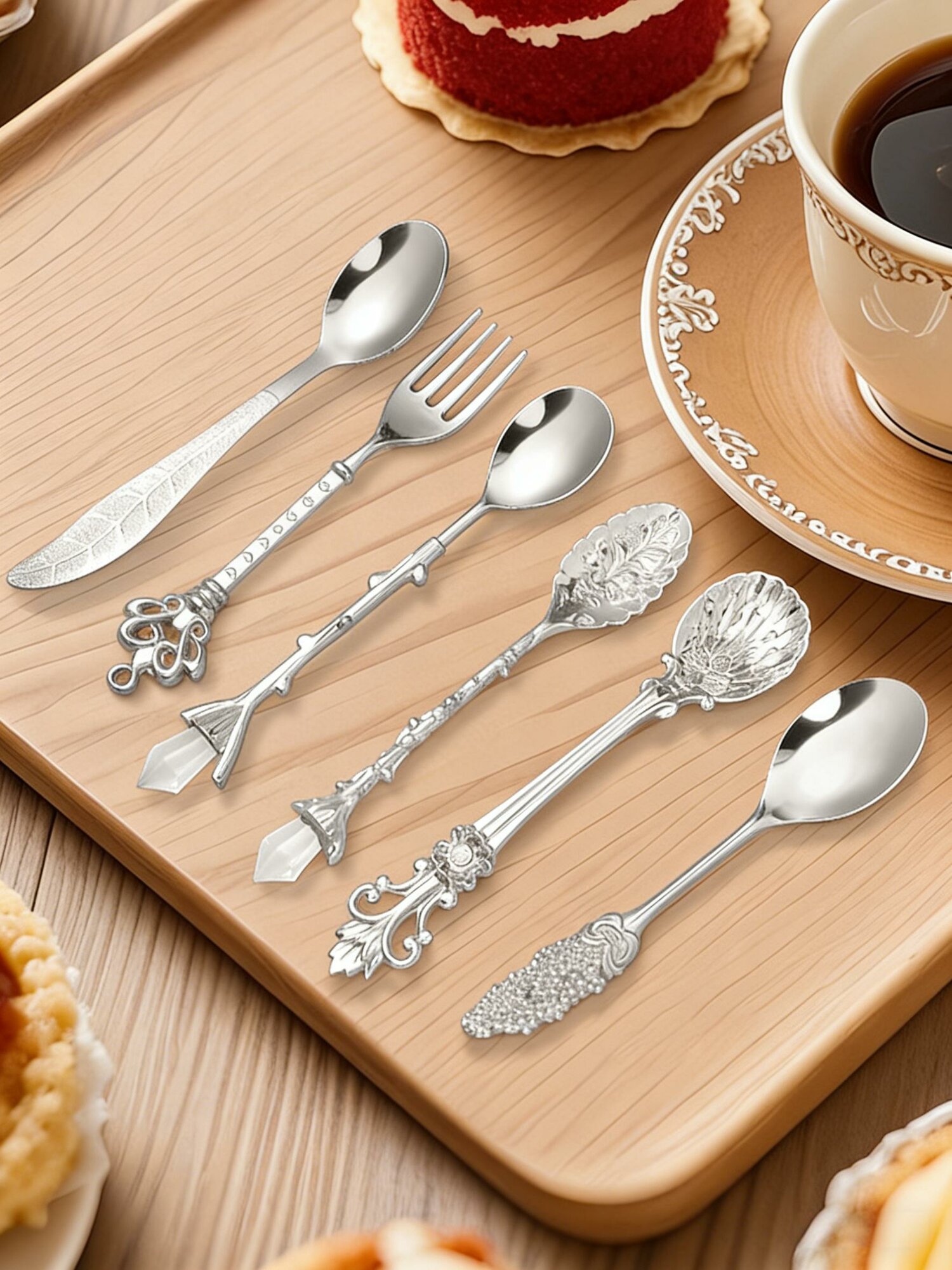 Набор из 6 мини-ложек и вилок для кофе и десерта, винтажный королевский стиль, металлические, серебристый цвет