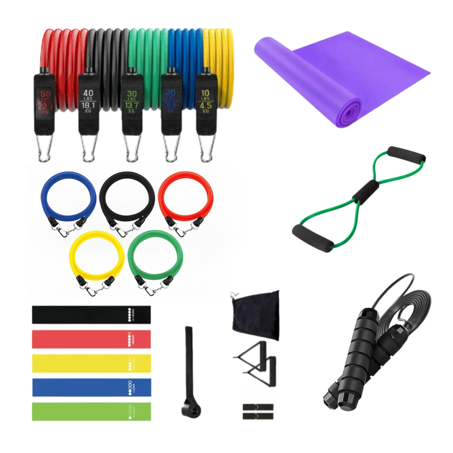 Комплект тренажерного оборудования для фитнеса с резистентными бандами: 8-образная резистентная лента, 5 резистентных бандов, стальная скакалка, 5 стандартных цветных резистентных бандов, 11-типный набор крючков для собак, цвета: желтый, красный, синий,