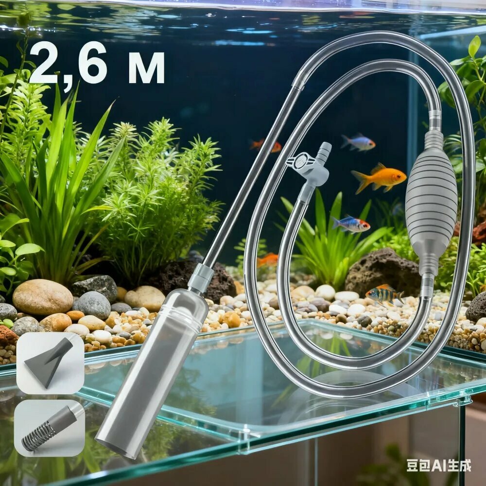 Сифон для аквариума 2.6 метра с насадками и грушей, набор для чистки грунта и подмены воды