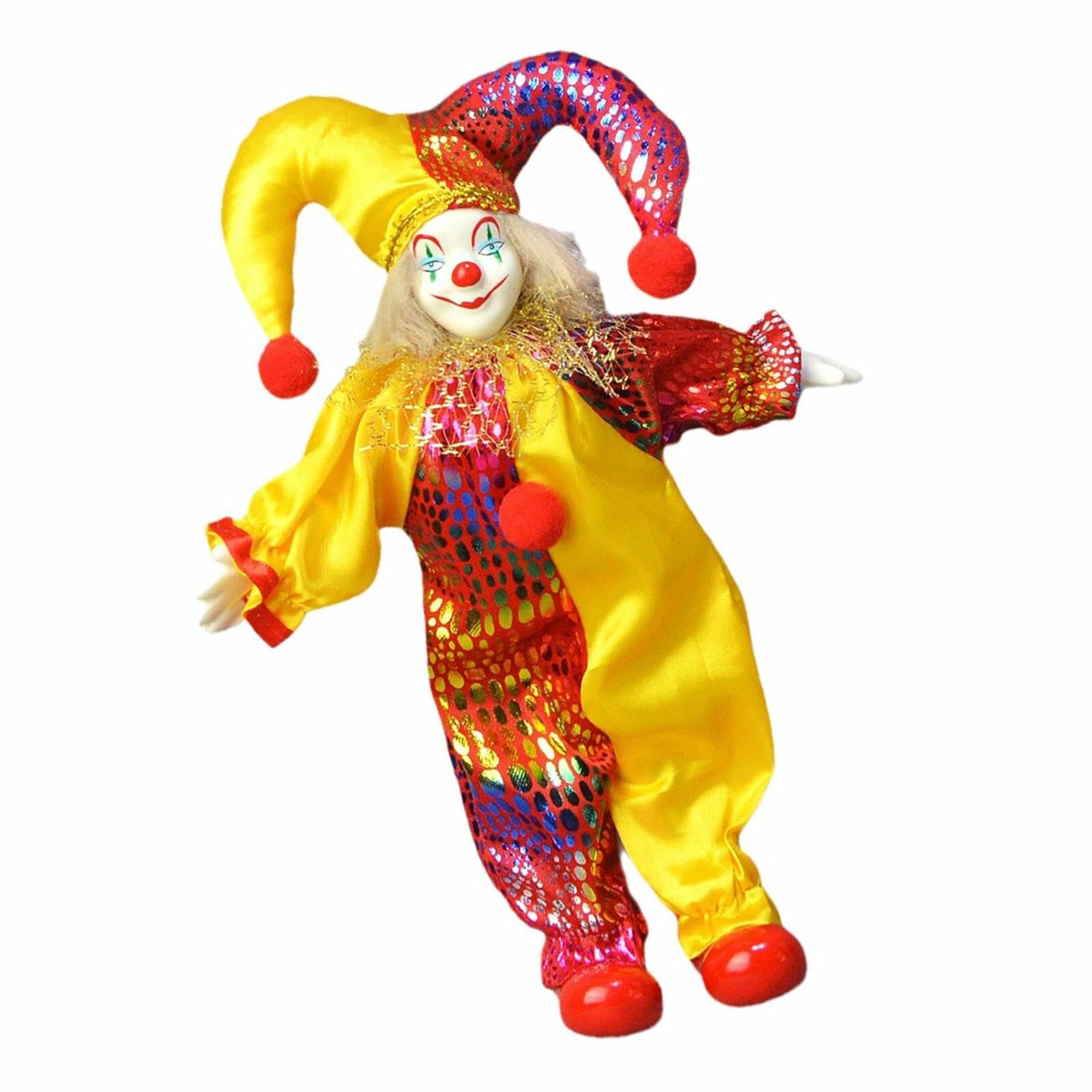 Керамическая кукла клоуна с подвижными конечностями в праздничном костюме