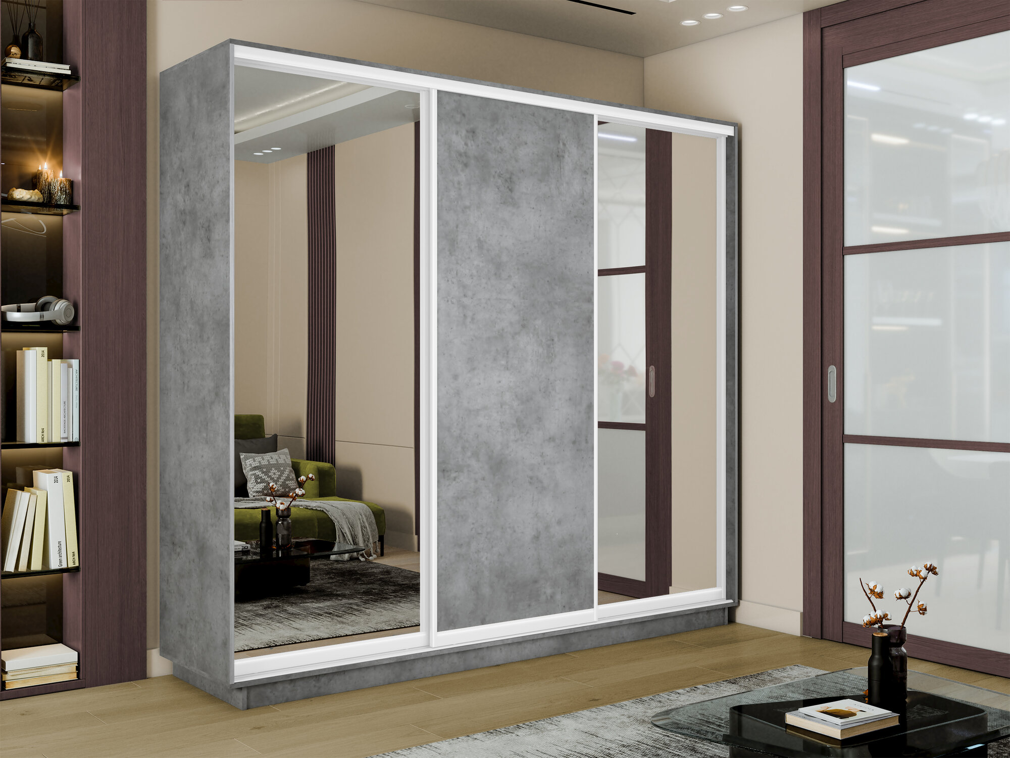 Шкаф купе Вилли 3-х дверный ЛДСП, (2-зеркала/ДСП) , профиль белый 180 см х 240 см х 60 см (Бетон)