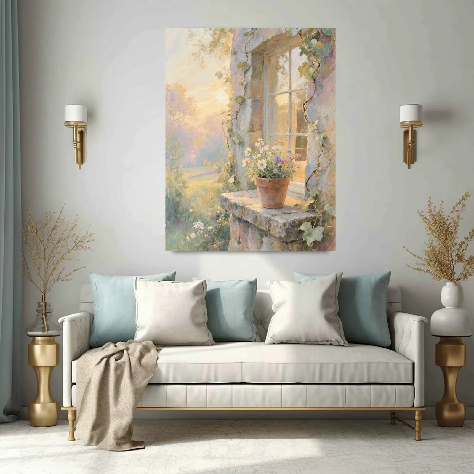 Картина "Окно с цветами", на холсте, на подрамнике, крепление, 50x70 см