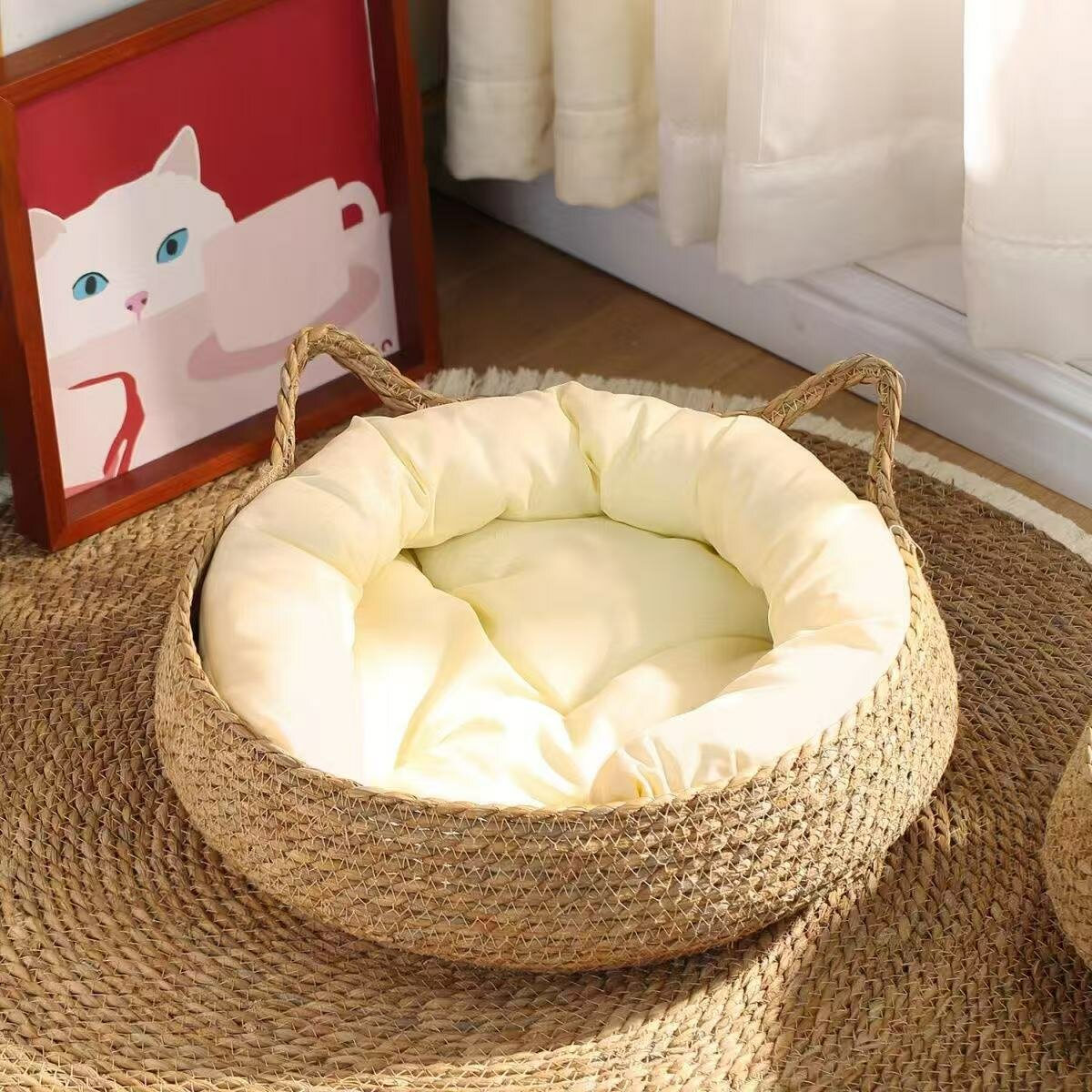 Лежанка Pokupki-Tut для кошек и маленьких собак, плетеная, бежевая, съемные подушки45х15 см，MZJ