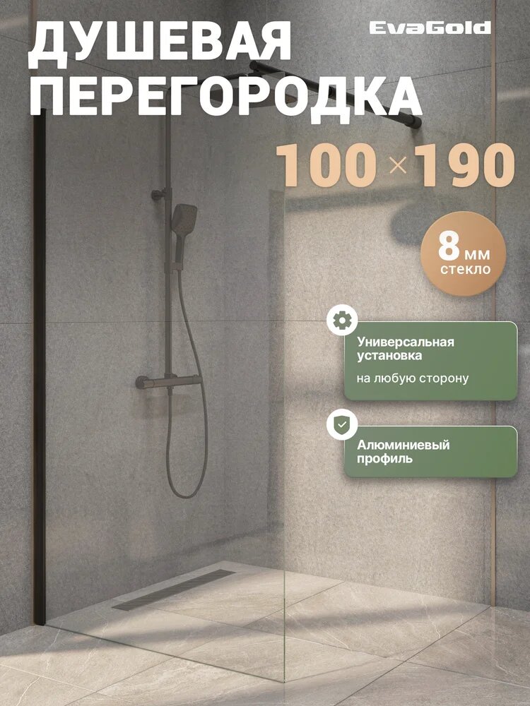Душевая перегородка EvaGold EG6B 100х190, профиль черный матовый, стекло прозрачное
