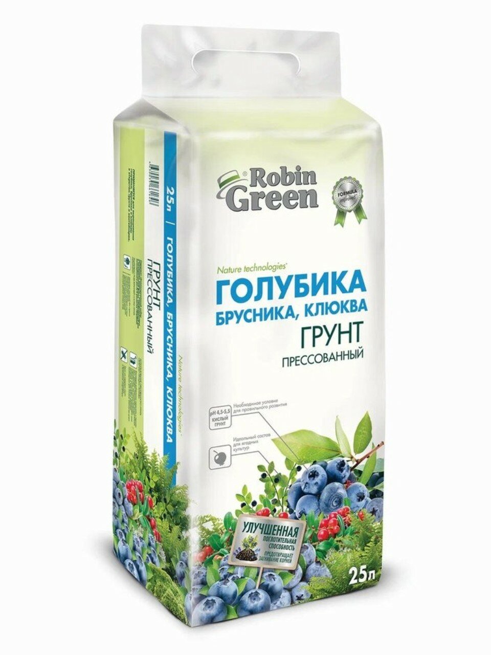 Грунт для голубики, брусники и клюквы Robin Green, прессованный торфяной субстрат для ягодных культур, 25 л