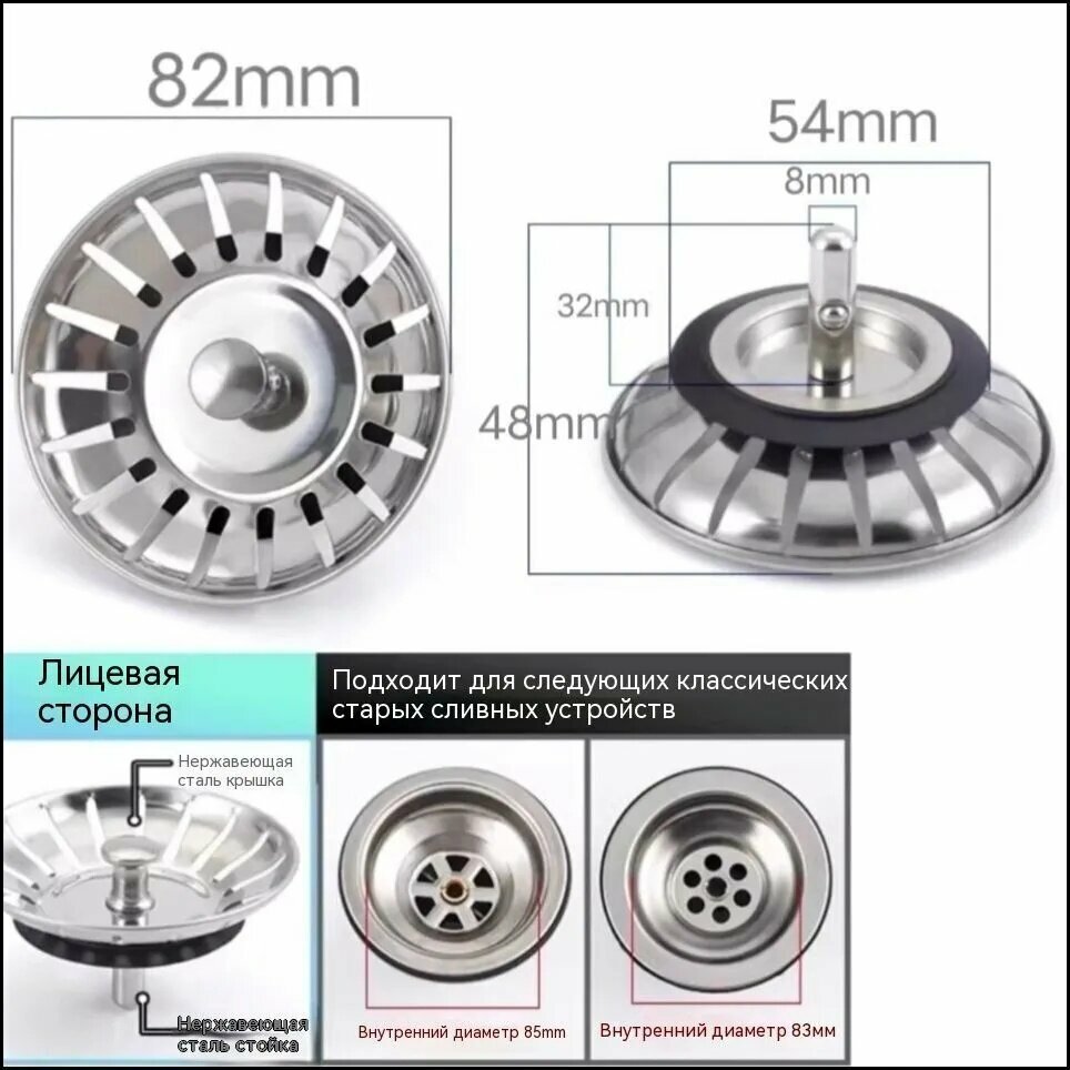 82mm/Заглушка-сетка для раковины из нержавеющей стали, универсальный сливной клапан 3.5 дюйма, противозаторная решетка и пробка для кухонной мойки, защита от засоров