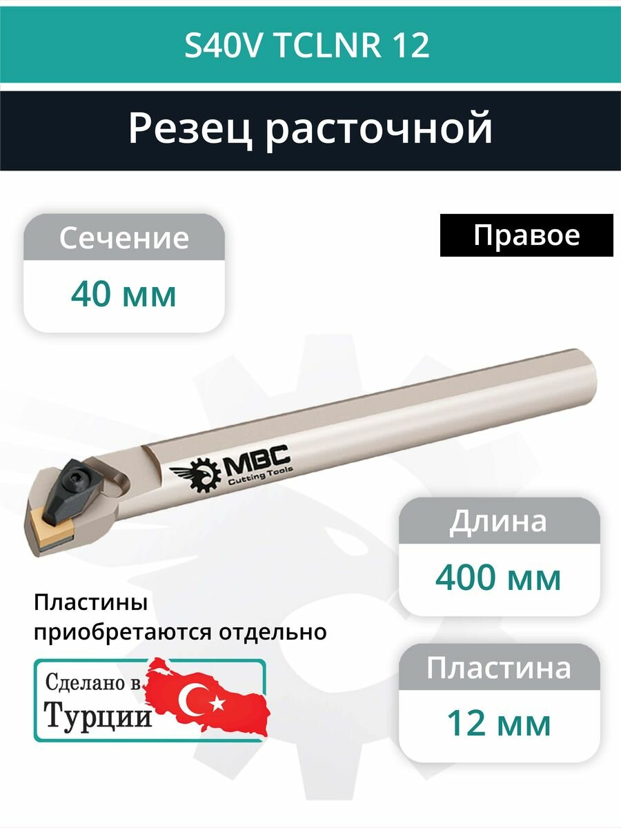 S40V TCLNR 12 внутренний токарный расточной резец правый, 40 мм / пластина CNMG 1204**