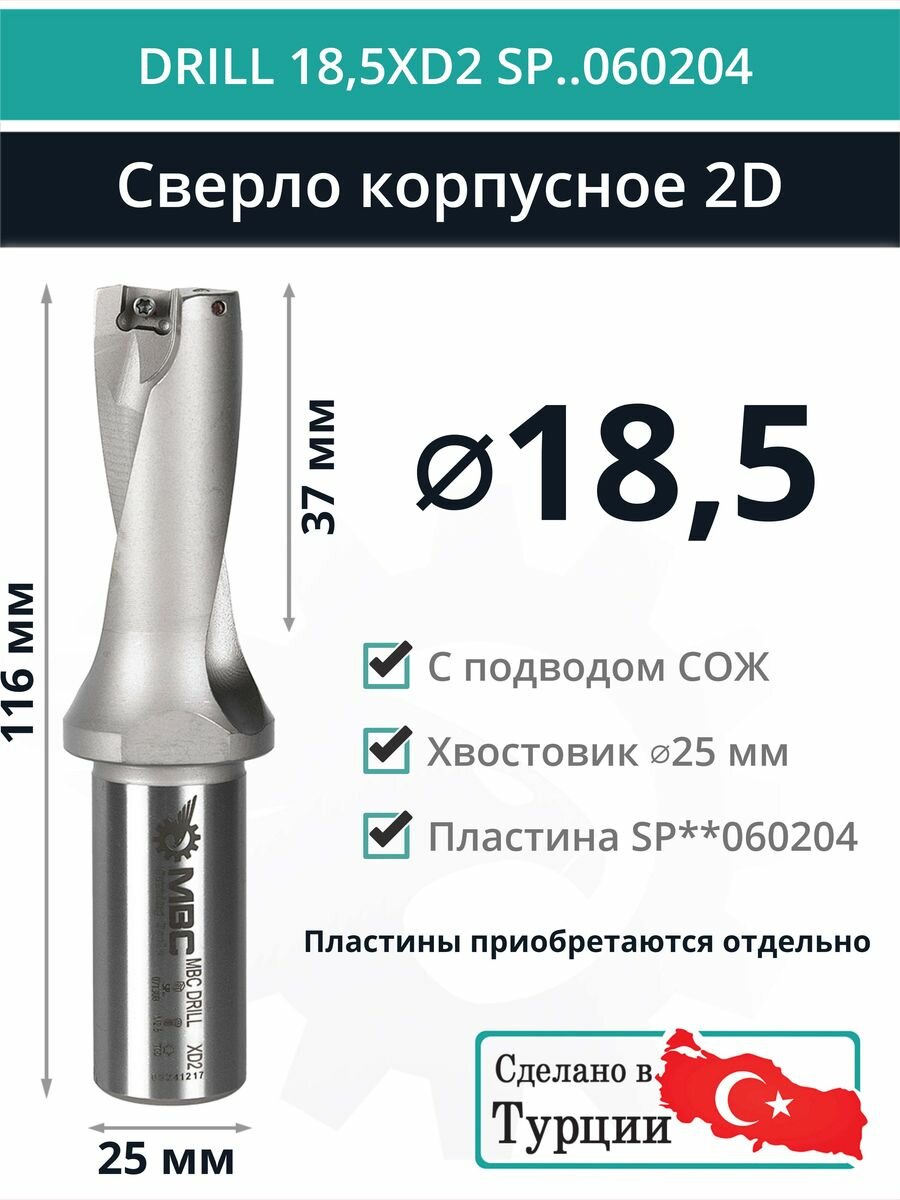 DRILL 18,5XD2 SP.060204 сверло корпусное - 18,5 мм / пластина SPMX 060204; SPMT 060204
