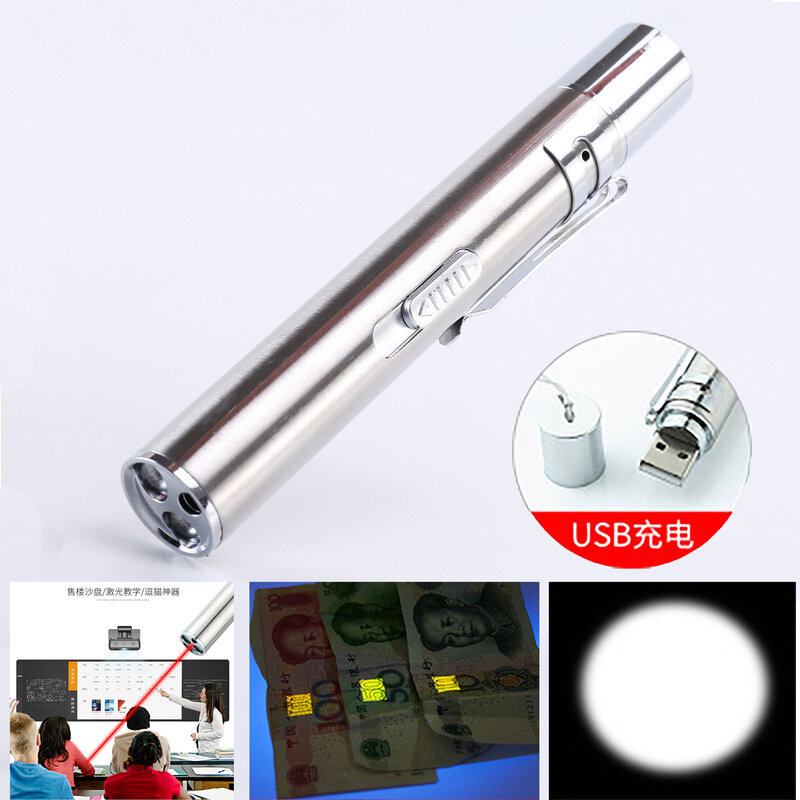 Нержавеющая сталь УФ-фонарь с белым светом, лазером и ИК-излучением, USB-перезаряжаемый, проверка купюр, 3 в 1