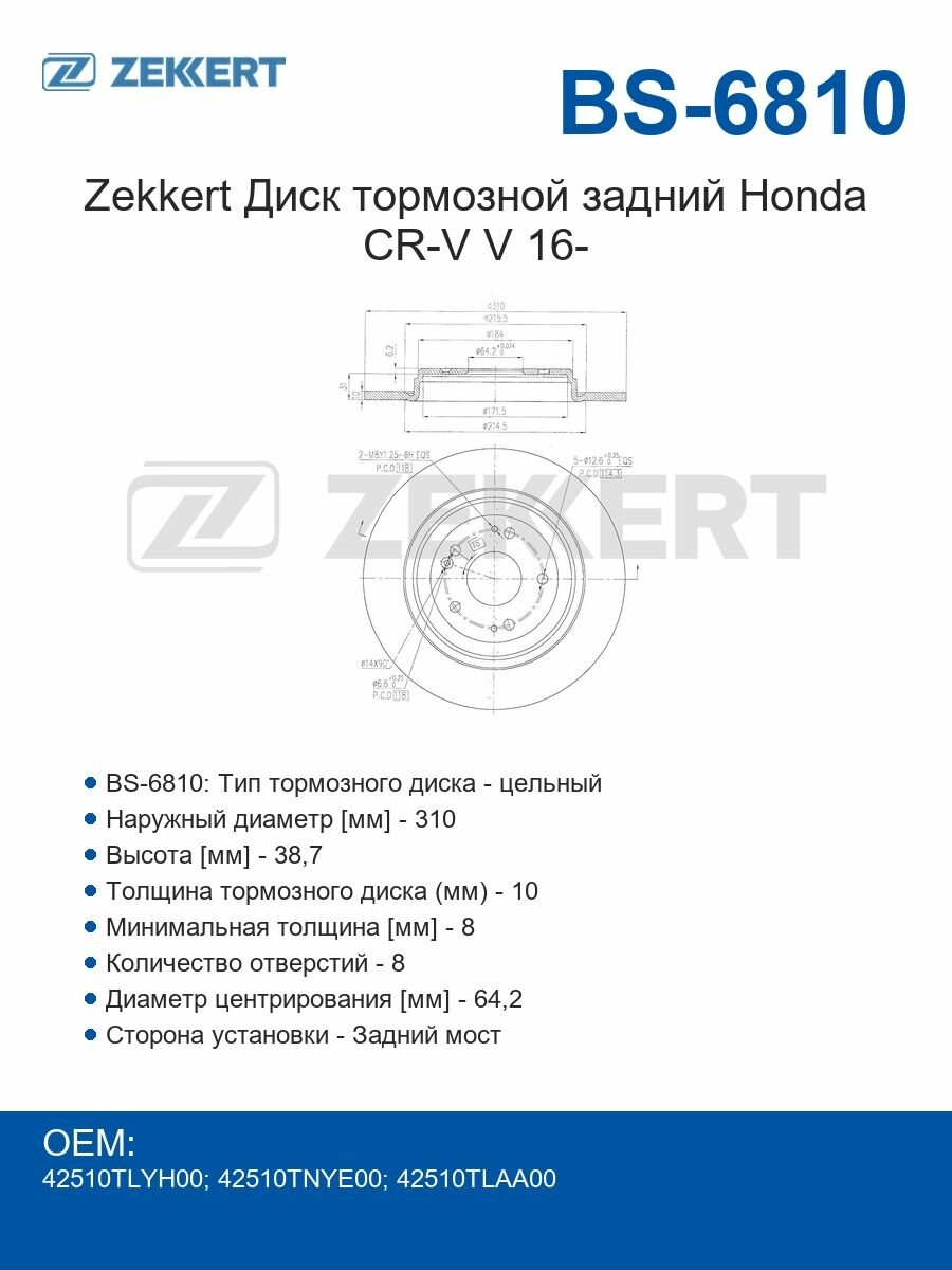 Zekkert Диск тормозной задний Honda CR-V V 16-