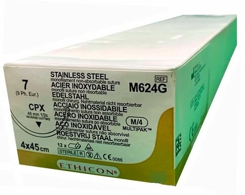 Шовный материал ETHICON STEEL M624G Проволока из нерж. стали 7, 4х45см, обр-реж. вращ. 48мм, 1/2 (12шт.)