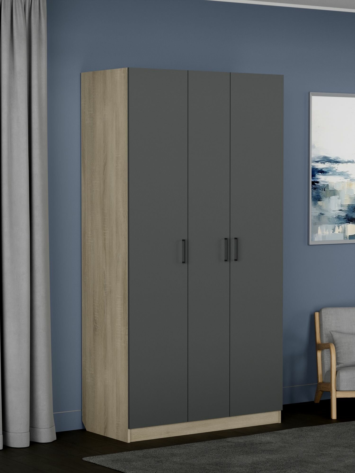 InHouse Шкаф распашной ШК-3/7 Сонома/Антрацит 110х52х210, фасады ЛДСП