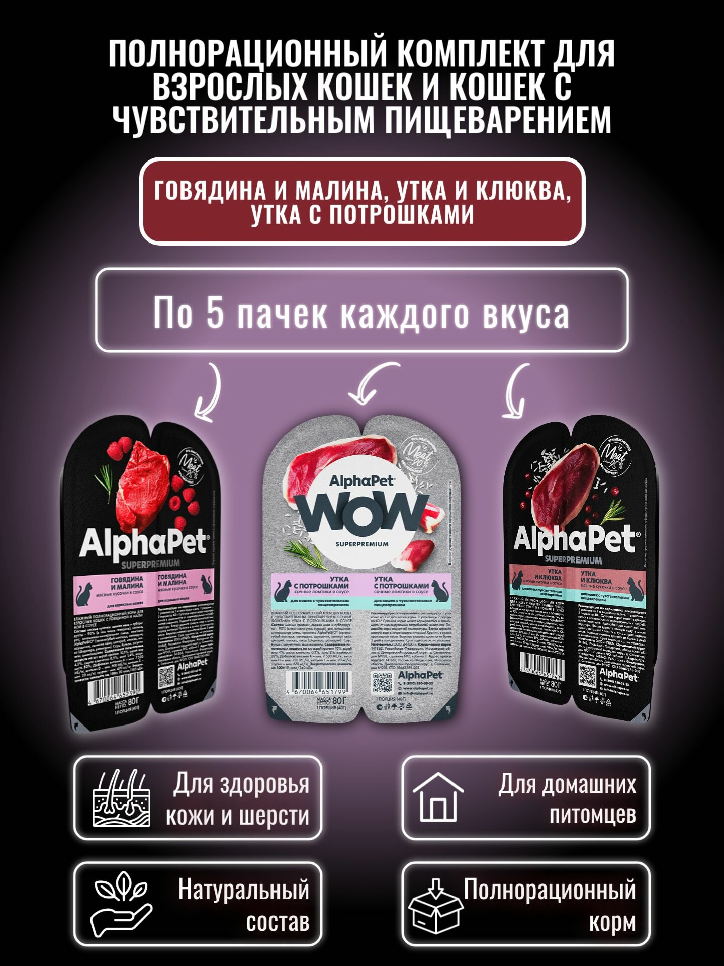 AlphaPet Superpremium / Комплект для взрослых кошек и котов и кошек с чувствительным пищеварением, 3 вкуса (Говядина, Утка), 15 шт