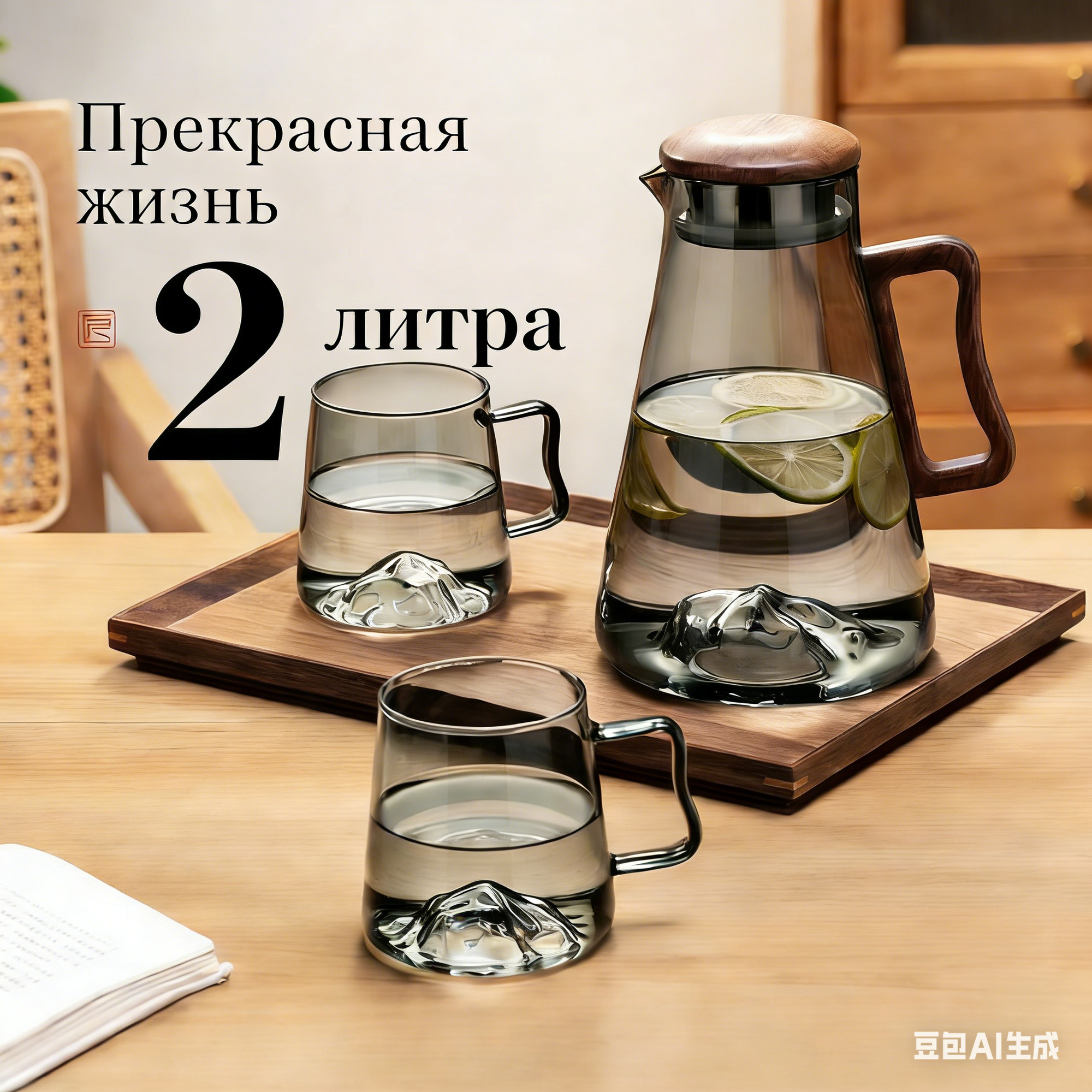 Кувшин "Всписках", термостойкий, с деревянной ручкой, для воды, сока, молока, 2л