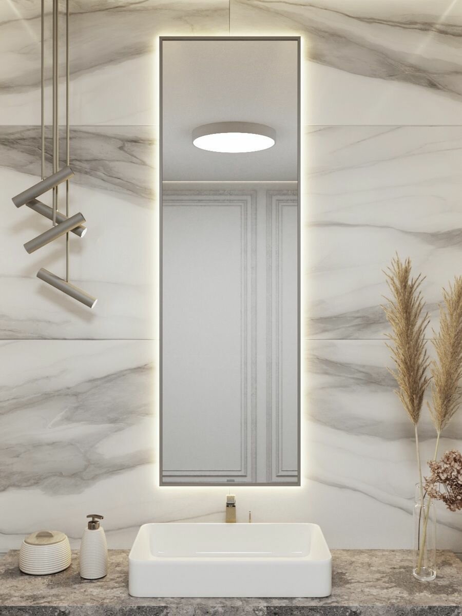 Зеркало в ванную 140х40 см. серебро с подсветкой. Свет: Нейтральный белый 4500К. В алюминиевой раме настенное BLX MIRROR