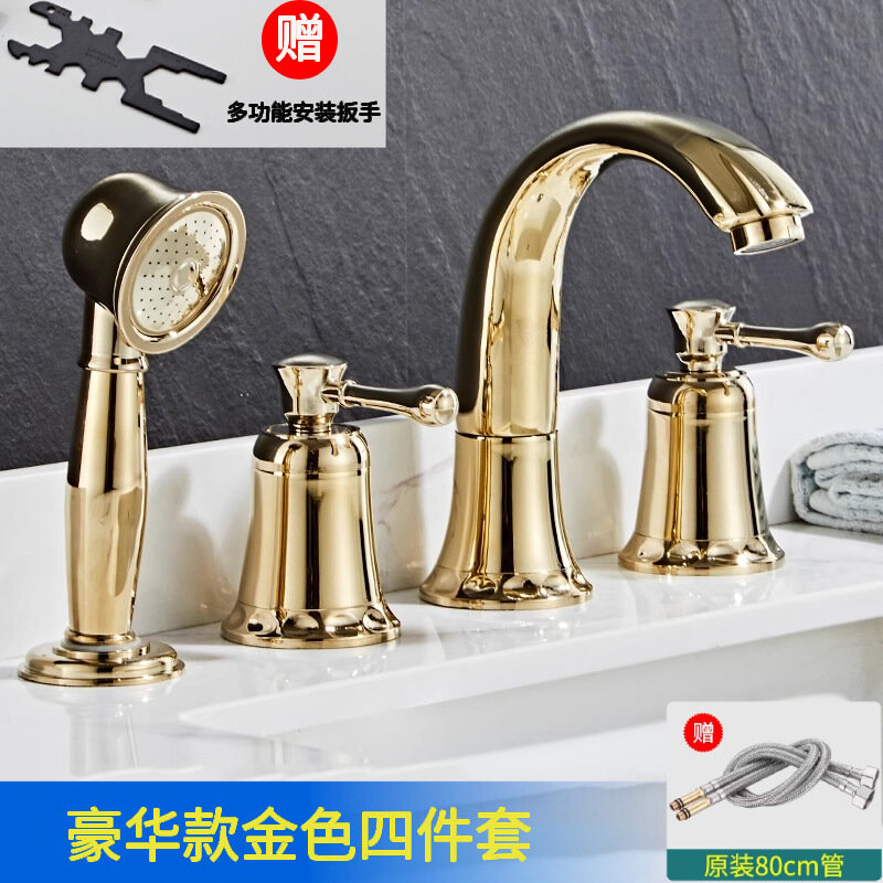 Европейский стиль золотой полностью медный вращающийся трехотверстный смеситель для раковины, трехкомпонентный набор, разделенный двойной ручкой, двойное управление горячей и холодной водой