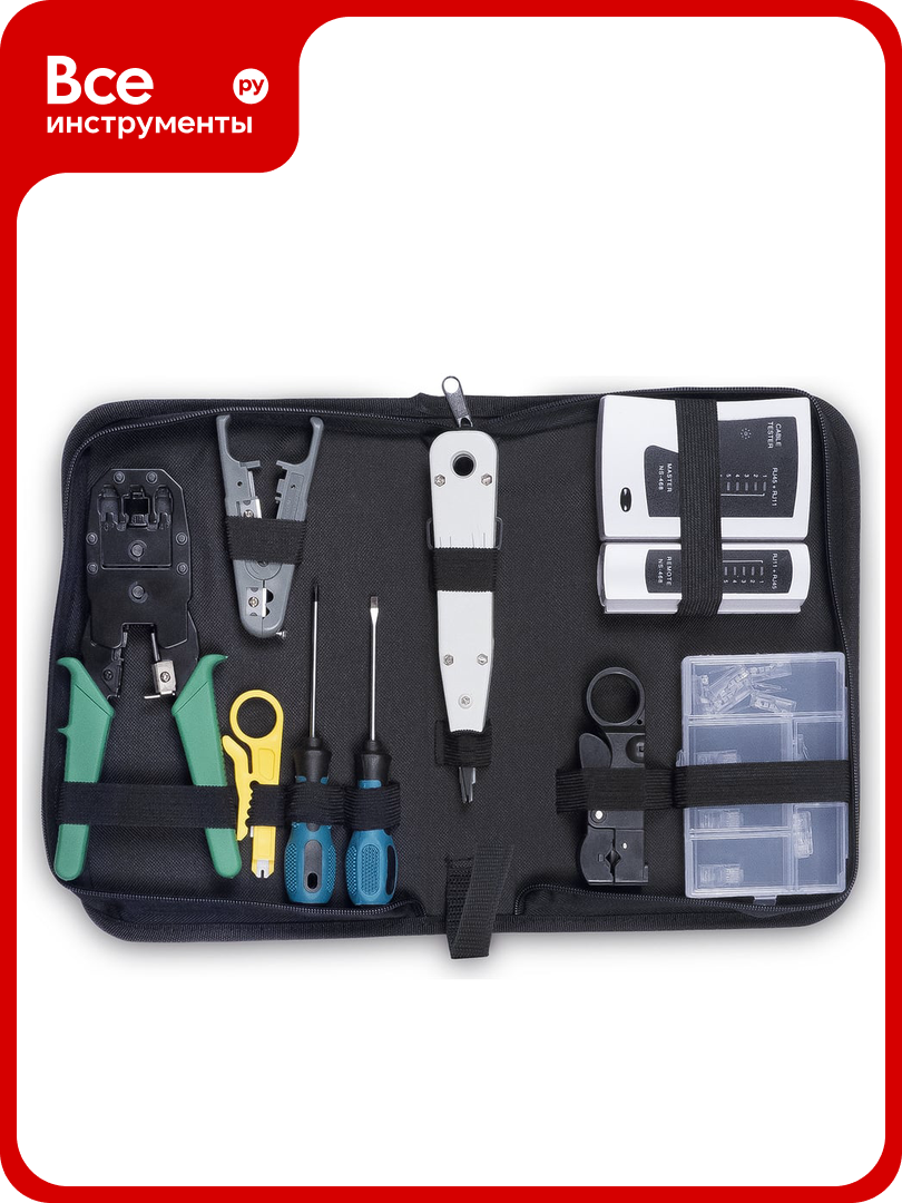 Набор инструментов Cabeus HT-TK-01: обжимной инструмент, стриппер, отвертки, тестер, коннекторы и аксессуары для работы