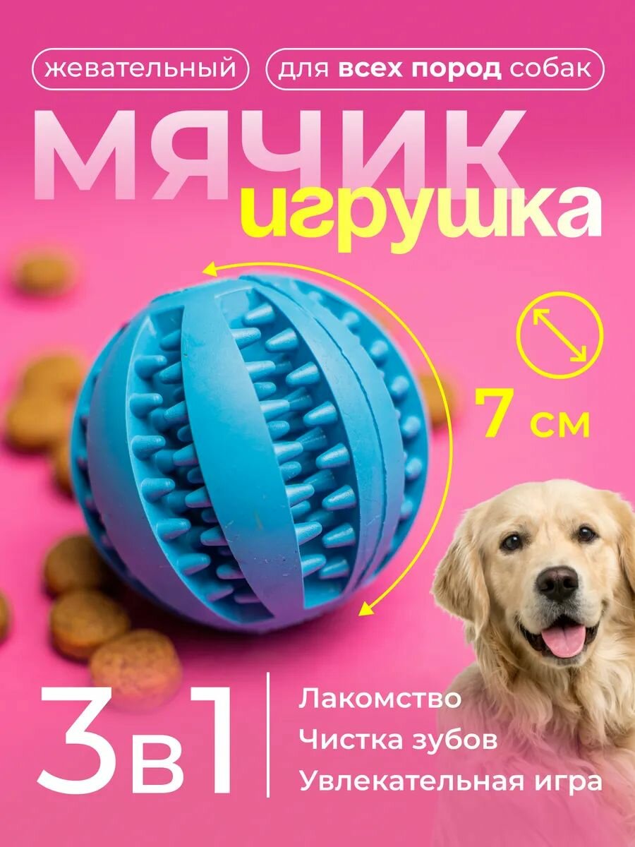 Игрушка для собак "Мяч-грызунок", для здоровья зубов, диаметр 7 см, синий