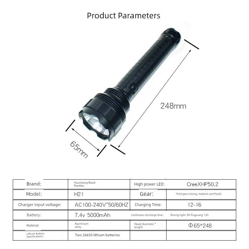 Фонарь Huasheng Black Panther с мощным светом, модель WFL-H1-H22, с литиевой батареей, для охраны и патрулирования,