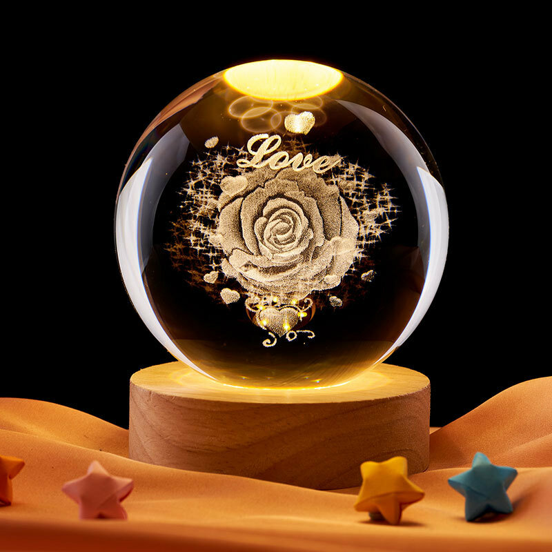 Светящийся кристальный шар с розой и надписью "Счастья" – ночник для торта на день рождения, подарок для мальчиков, девочек и лучших друзей.