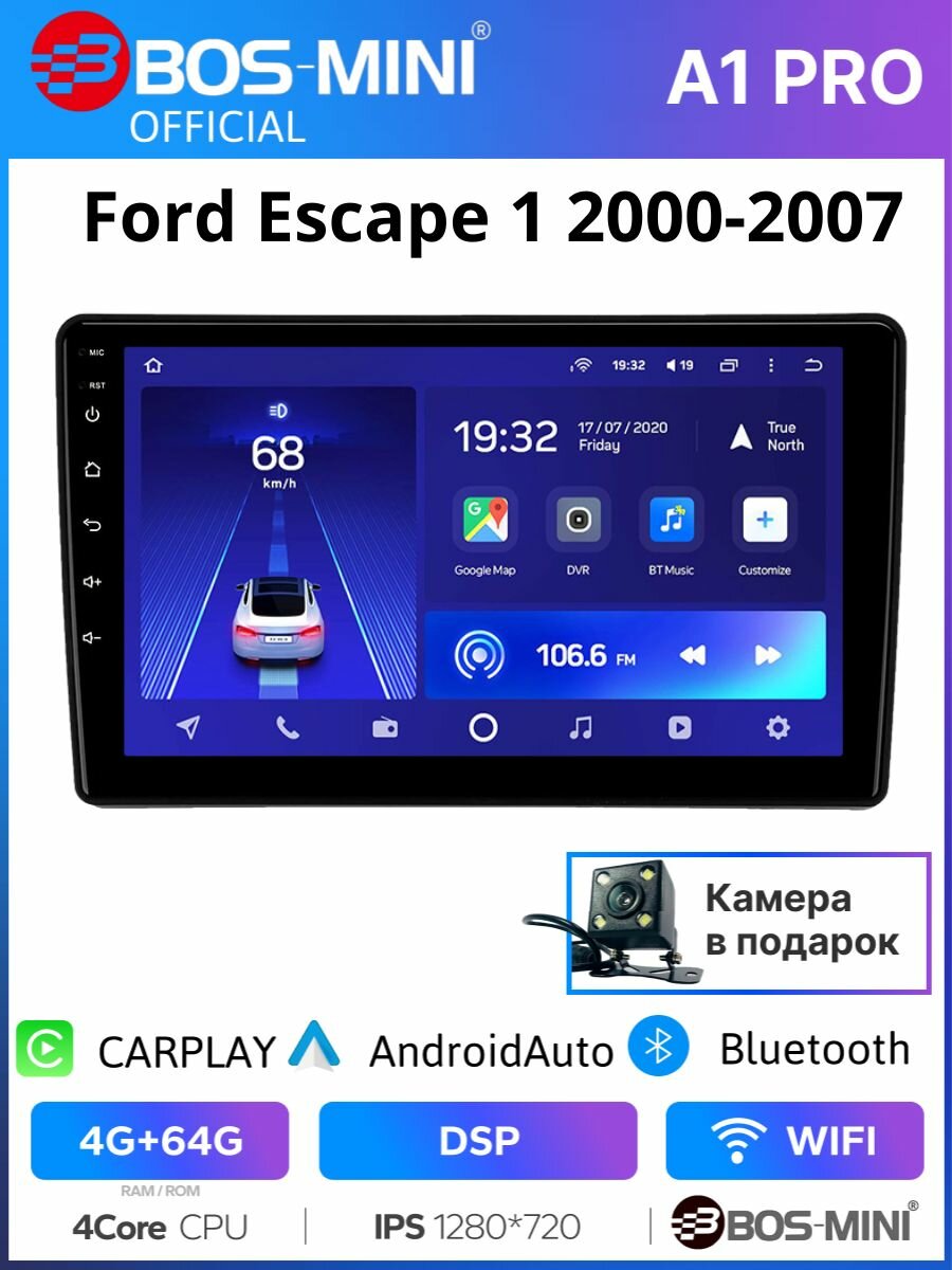 Магнитола BOS-MINI A1 PRO 4/4/64 для Ford Escape 1 2000-2007, В штатное место, 4-х ядерная, AndroidAuto, Carplay, 2 DI