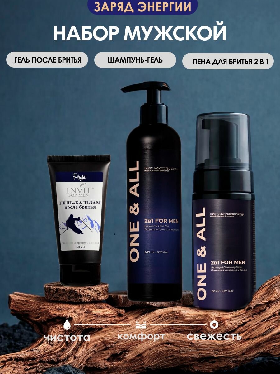 Комплект уходовый мужской: Пенка для умывания и бритья, гель-шампунь и бальзам после бритья