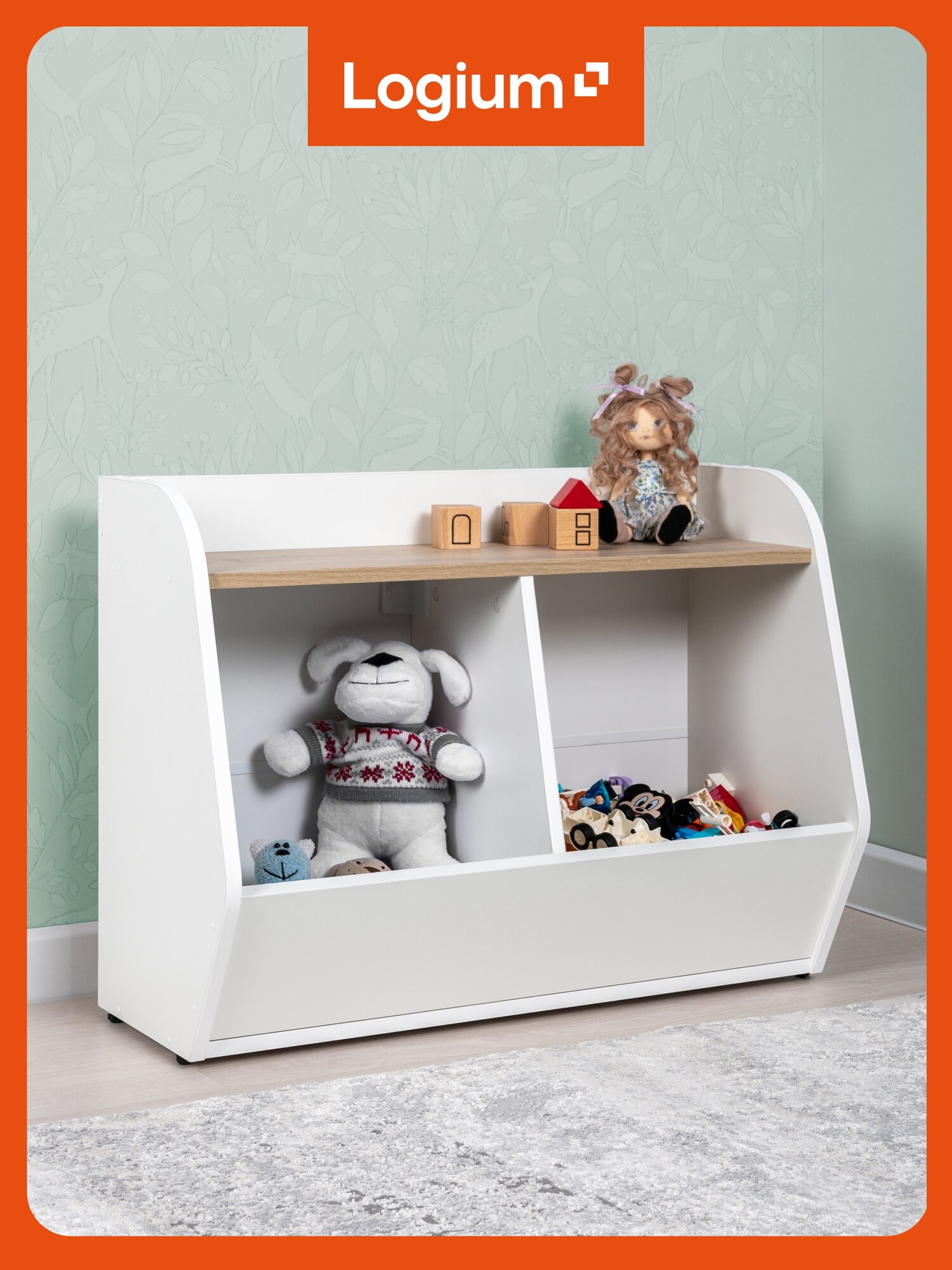 Стеллаж для игрушек, 75х32,1х55,7, Топ 16.422.02 Белый шагрень, Дуб белый exclusive, LOGIUM, деревянный напольный