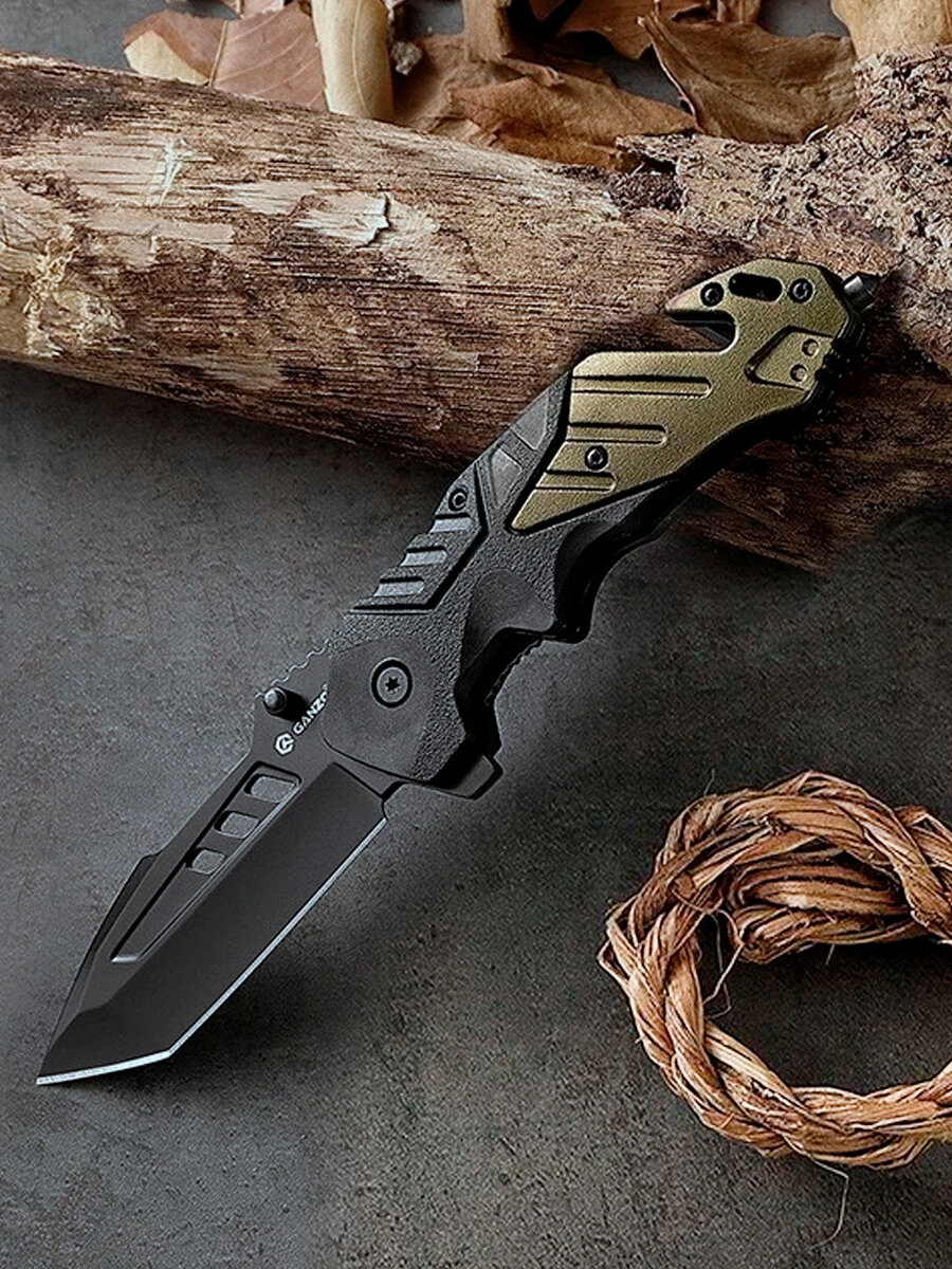 Нож Ganzo G629-GR складной зеленый, EDC с стропорезом и стеклобоем, нержавейка 8CR14, длина лезвия 8,1 см. клинок tanto
