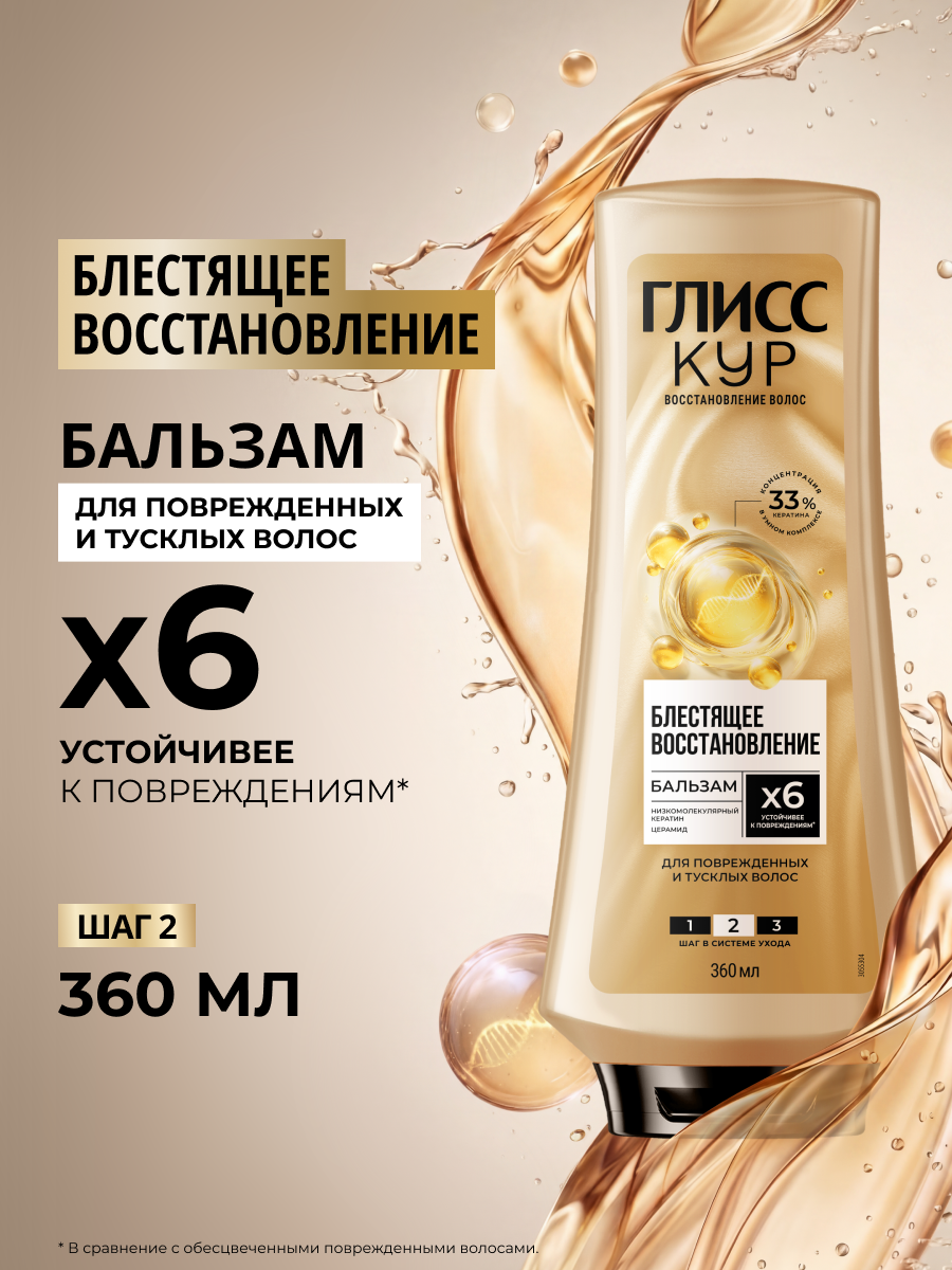 Бальзам кондиционер для волос женский Глисс Кур Блестящее восстановление, для поврежденных и тусклых волос, с кератином, 360 мл