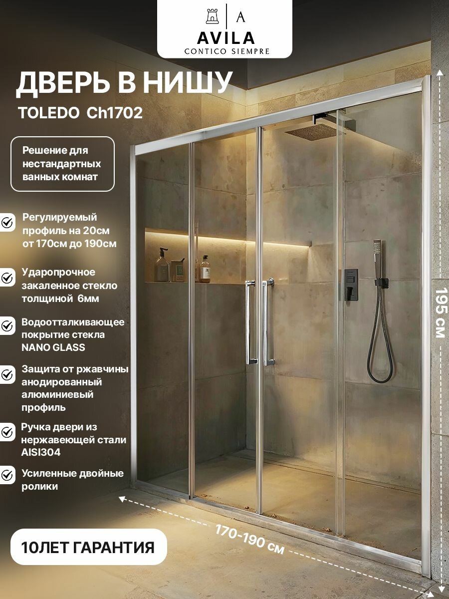 Душевая дверь premium в нишу, закаленное стекло 6 мм Nano Glass, 170-190 см х h195 см, профиль хром, двери для душевой