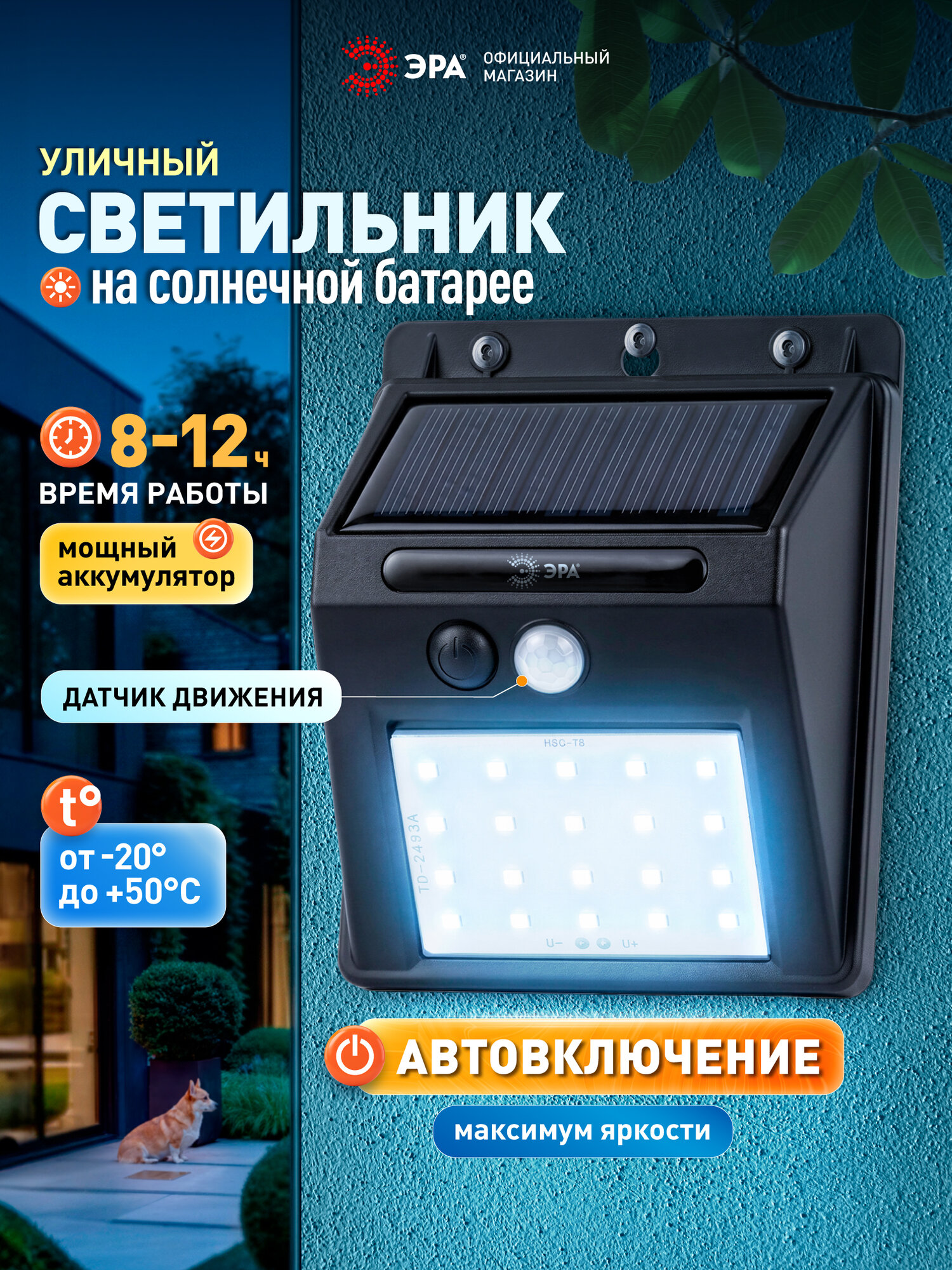 Светильник на солнечной батарее уличный настенный ЭРА ERAFS064-04 с датчиком движения светодиодный 12х10х5 см 20 LED