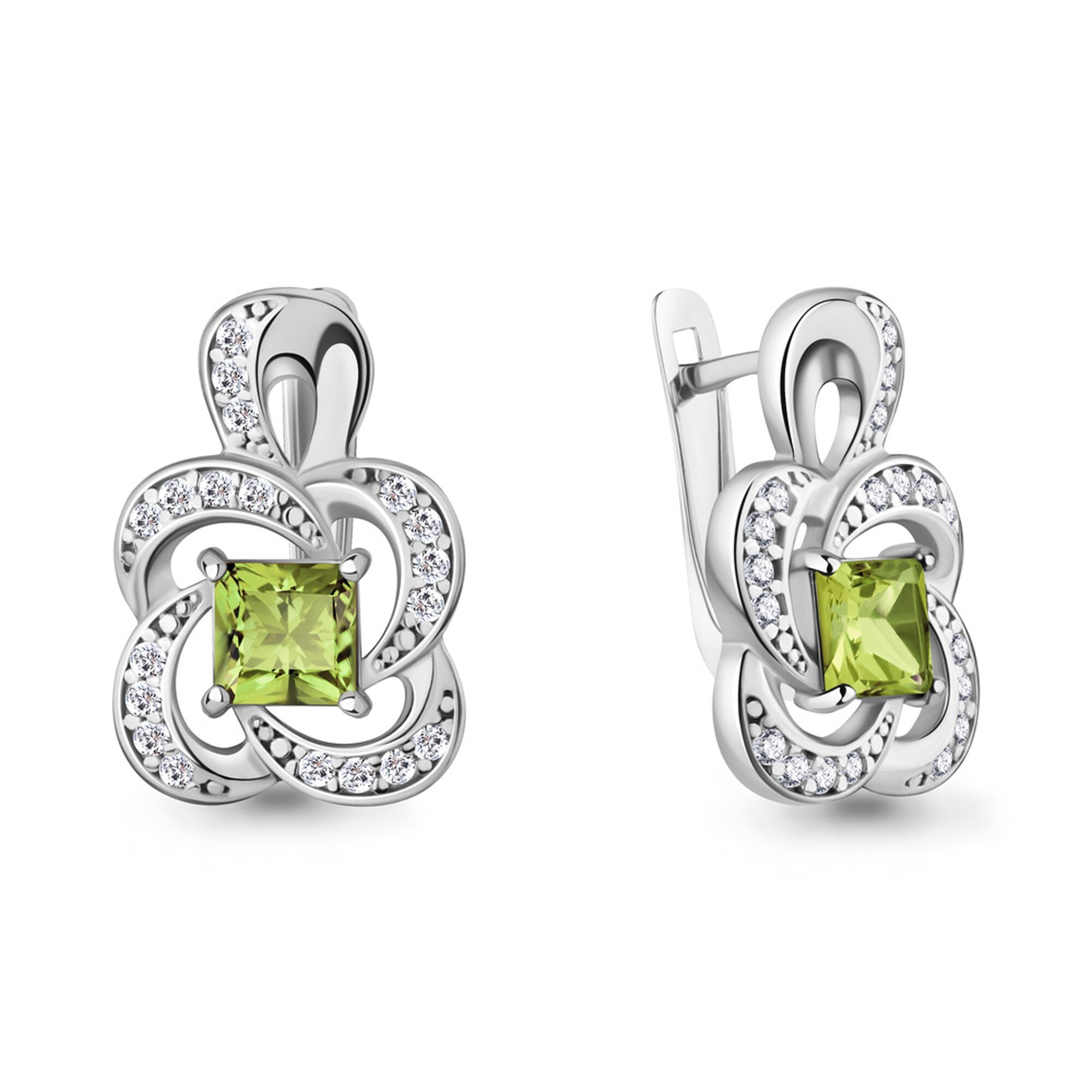 Серьги, серебро, 925 проба, родирование, фианит, хризолит