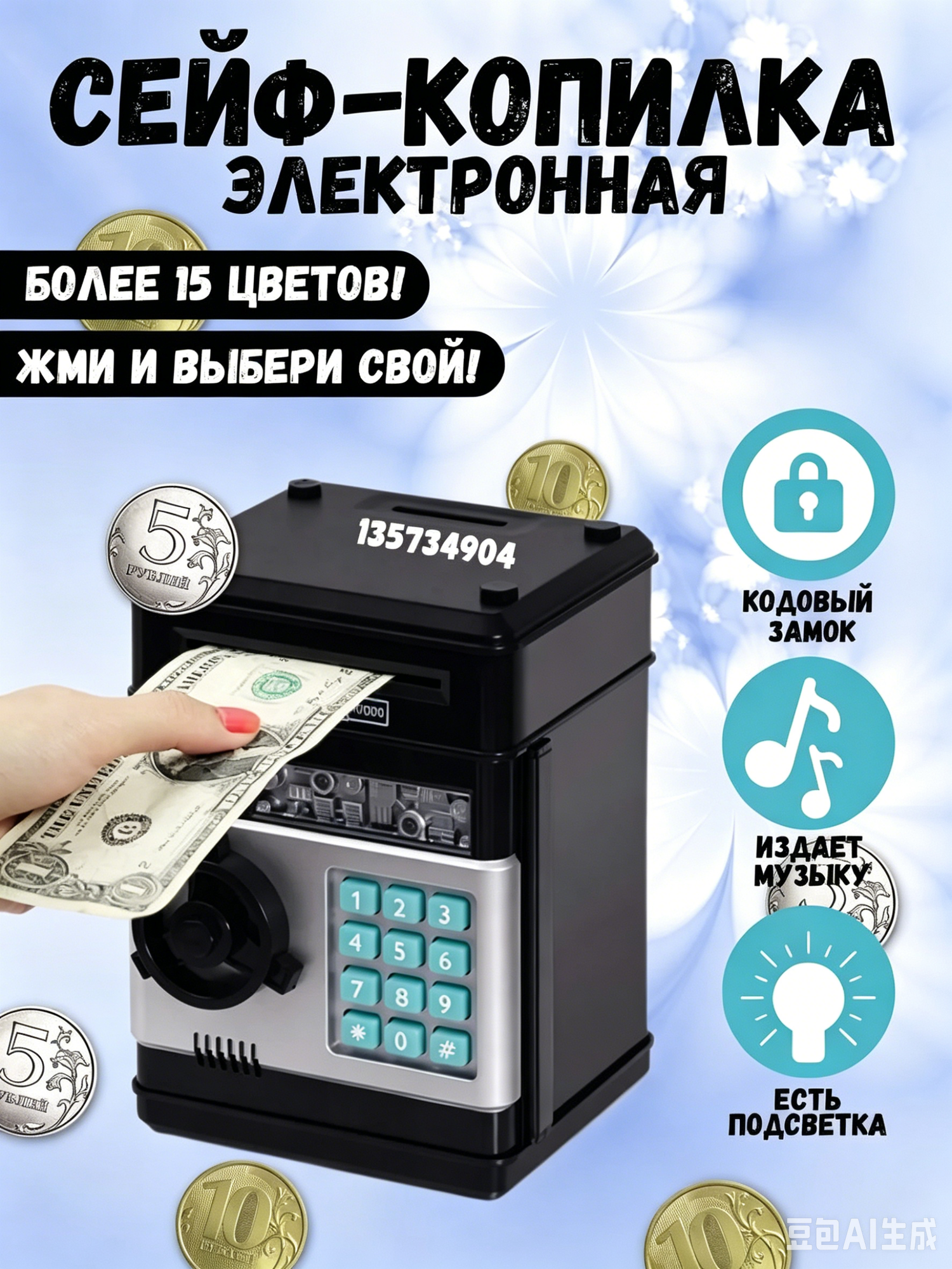 Копилка сенсорная, с купюроприёмником и счётчиком купюр, ABS, 13x20 см