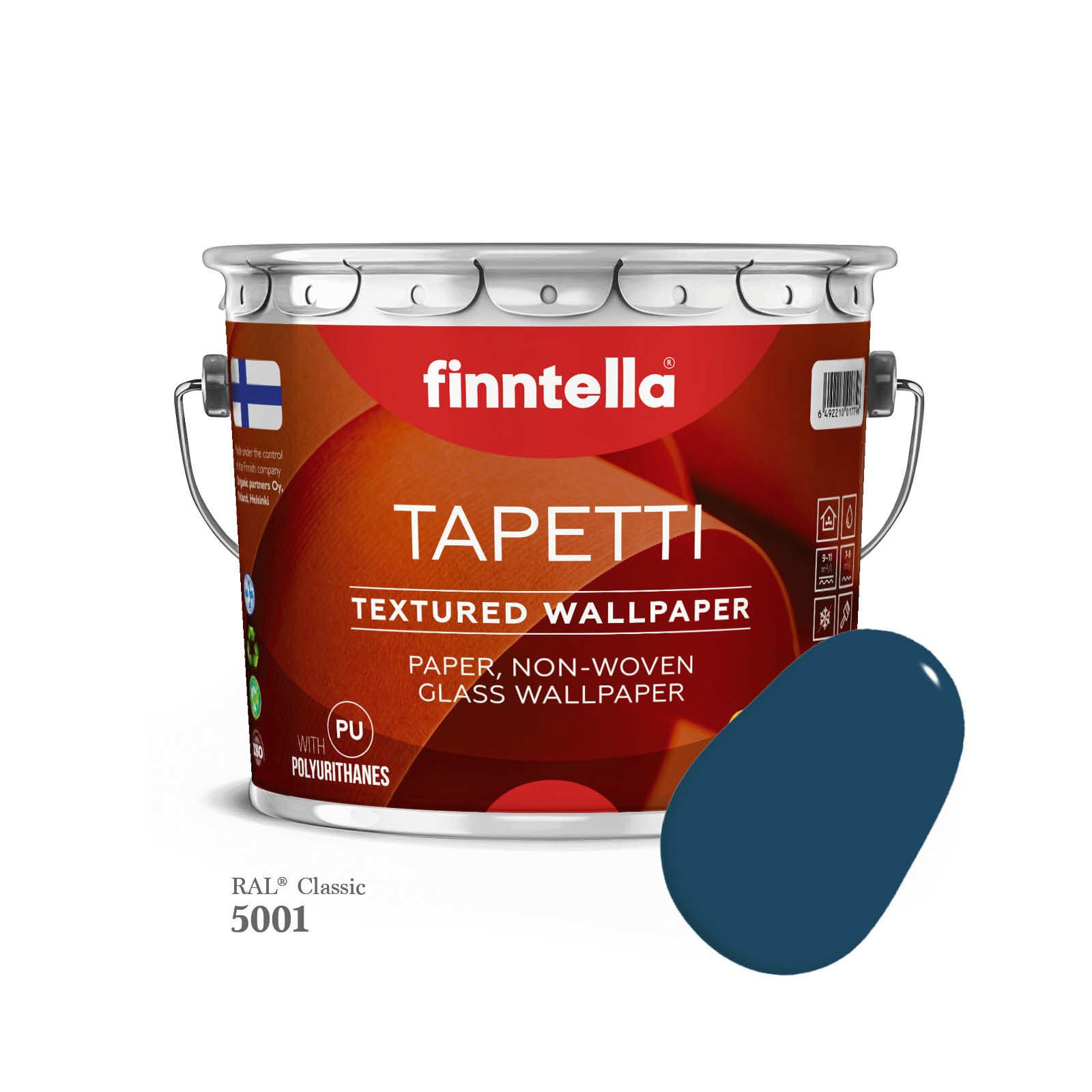Шелковисто-матовая краска для обоев под окраску TAPETTI SILKKI Matta FINNTELLA, Цвет RAL 5001 Зелено-синий (Green blue), 2,7л