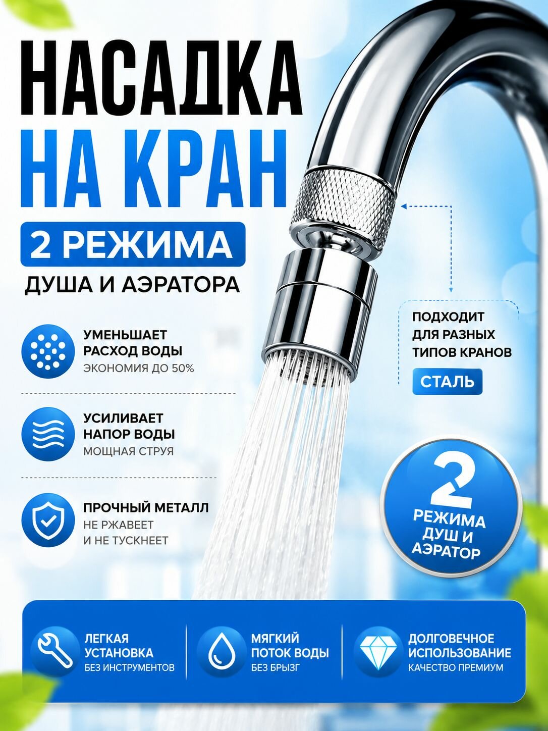 Аэратор для смесителя, насадка на кран, 2 режима, водосберегающая насадка, хром режимы струи водосбережение хромированный