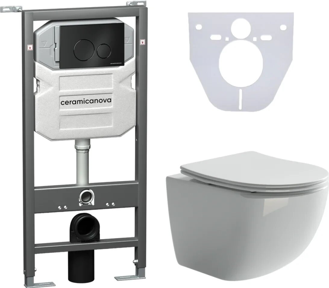 Комплект Унитаз подвесной Ceramicanova Forma CN3009 безободковый, с микролифтом + Система инсталляции для унитазов Envision CN1001B с кнопкой смыва и, артикул CN3009_1001B_1000, страна Италия, цвет белый