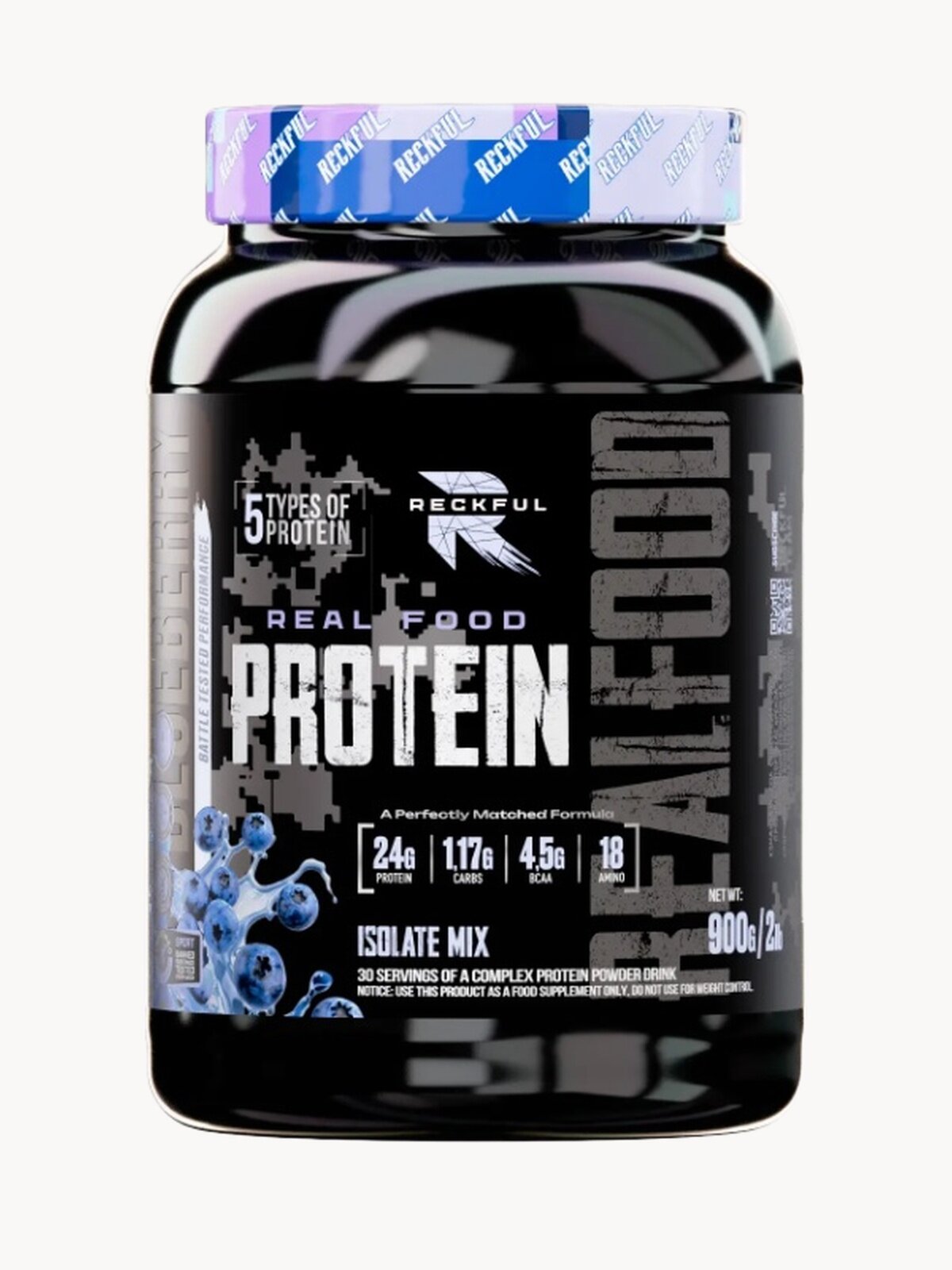 Комплексный мультипротеин 900 гр, мультикомпонентный Real Food Protein со вкусом черники