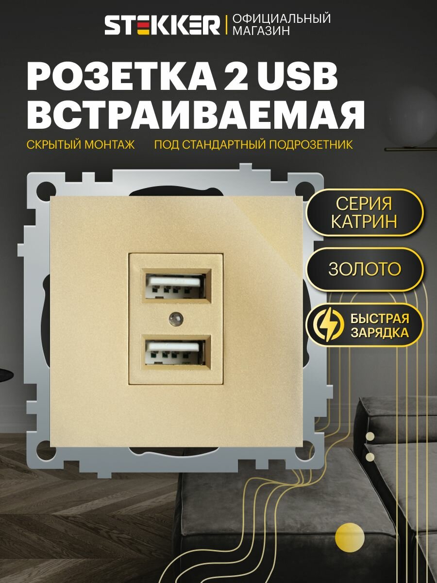 Розетка двойная / Розетка с usb встраиваемая 250B 2,1А (механизм), золото, Катрин Stekker GLS10-7115-08 49229