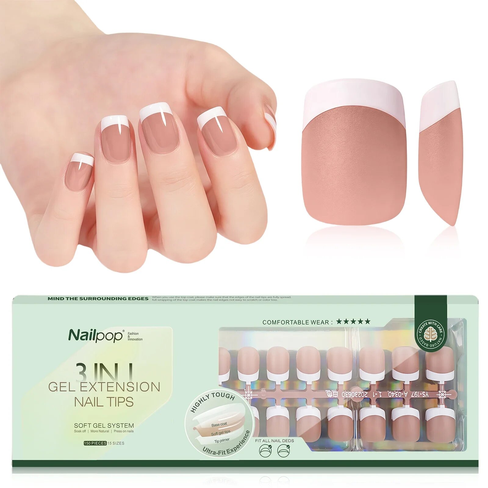 NAILPOP 150 ШТ. Короткий пресс для гроба на ногтях 3 в 1 Пальто Мягкие гелевые типсы Французский наконечник Пресс на ногтях 15 размеров дизайна ногтей DIY