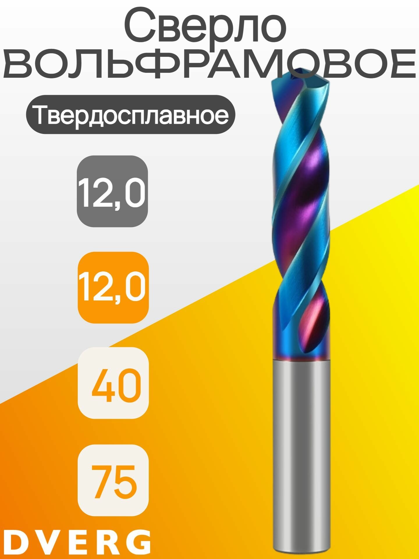 Твердосплавное сверло, хвостовик цилиндрический, по металлу, 12x12 мм, 75 см
