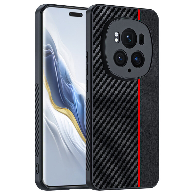 Чехол панель-бампер из тончайшего и прочного пластика с матовой отделкой «под карбон» для Honor Magic6 Pro с вставкой из кожи черная с красной поло.