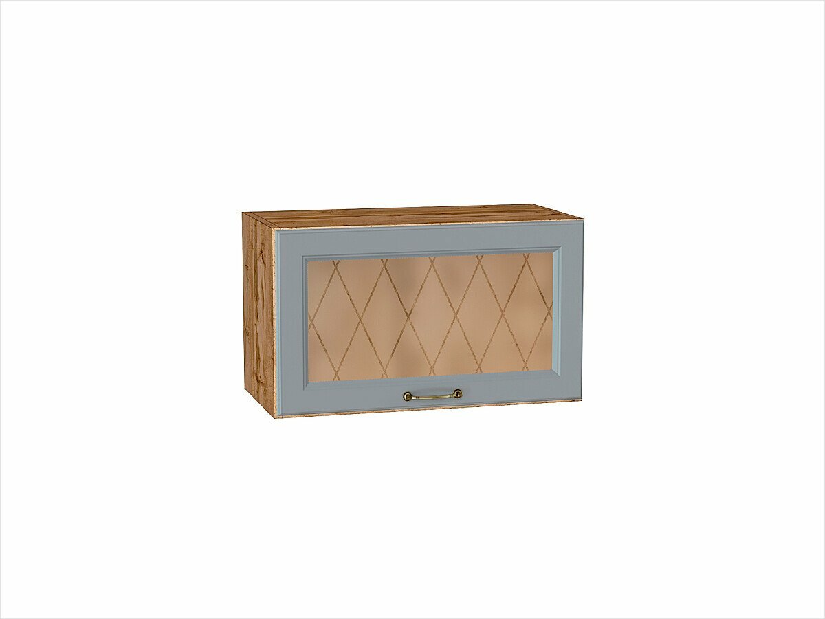 Шкаф верхний горизонтальный остекленный Ницца, цвет фасада Графит, цвет каркаса Дуб Вотан, стекло White Сrystal, 358*600*318 мм